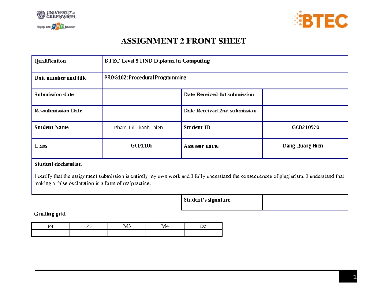 Prog102 GCD1106 Asm2 Pham Thi Thanh Thien GCD210520 - ASSIGNMENT 2 FRONT SHEET Qualification ...