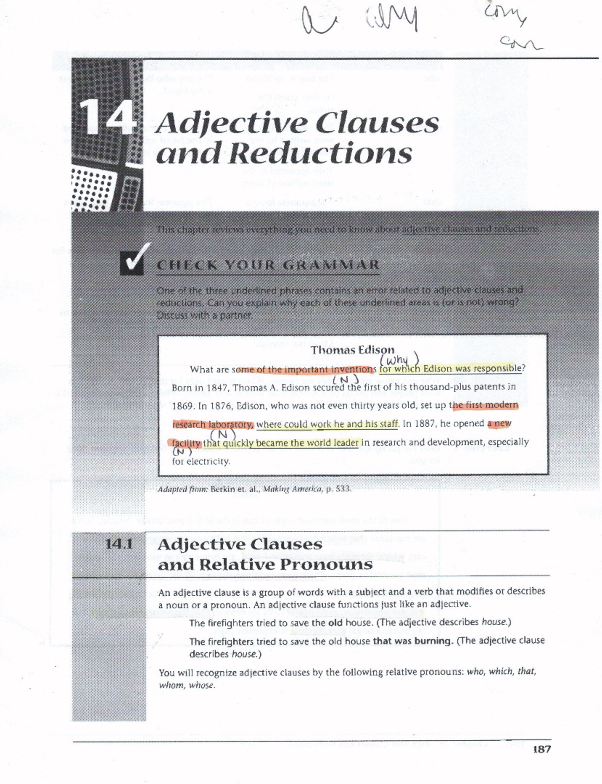 HW Answers Adjective Clauses Ch. 14 Ex 1-7 - ENGL 101 F - Studocu