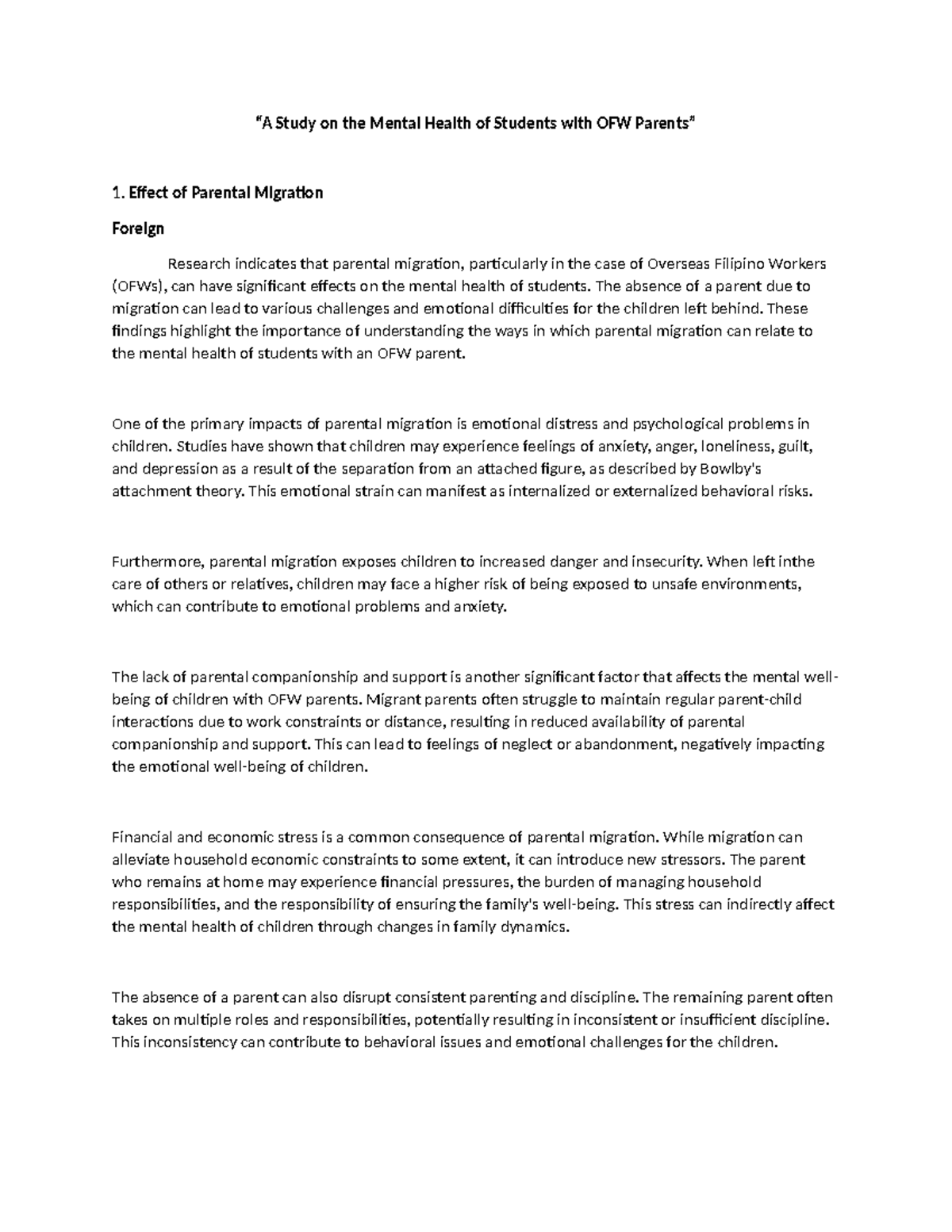 RRL OFW - RRL - “A Study on the Mental Health of Students with OFW ...