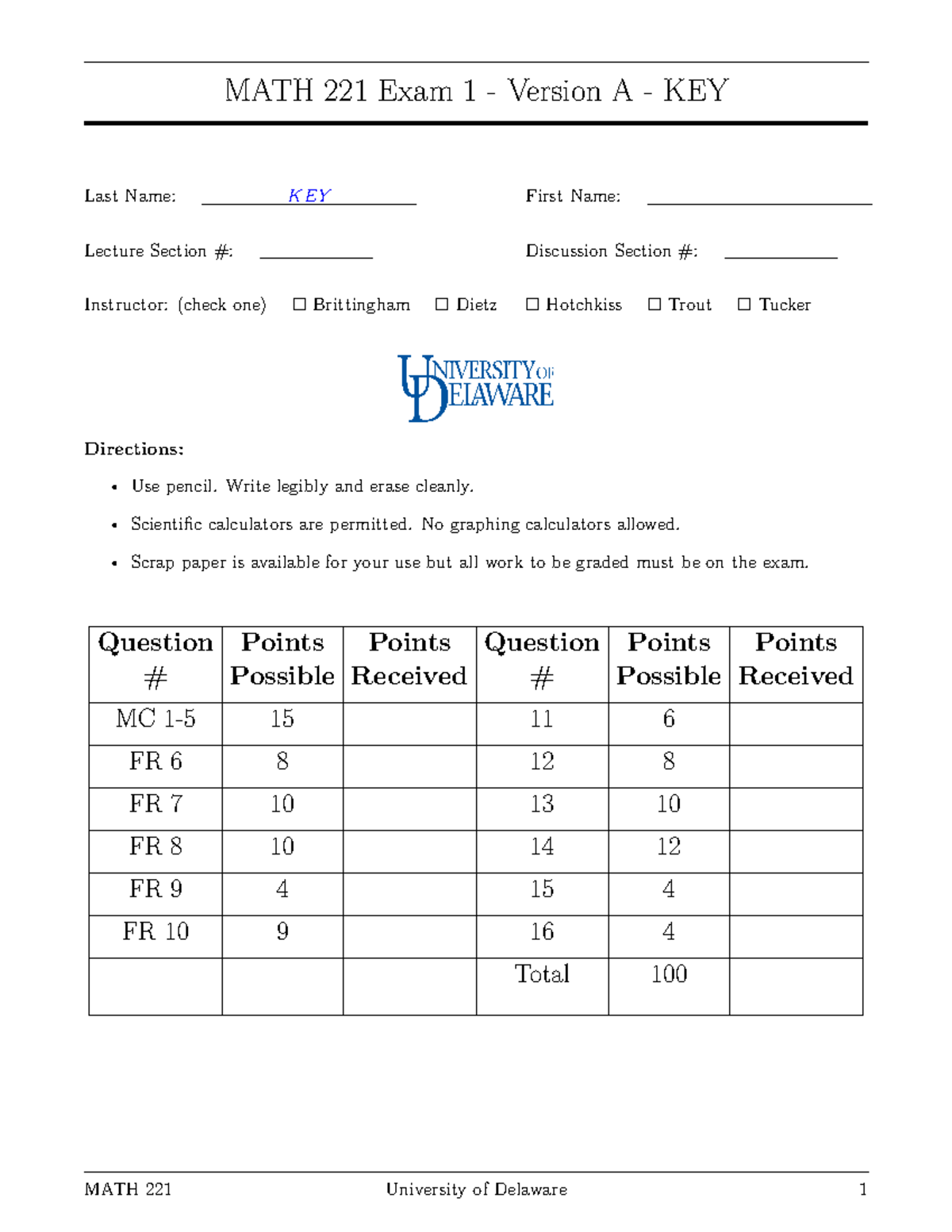 M221 F19 Exam 1A-KEY - Mathematics - MATH 221 Exam 1 - Version A - KEY ...