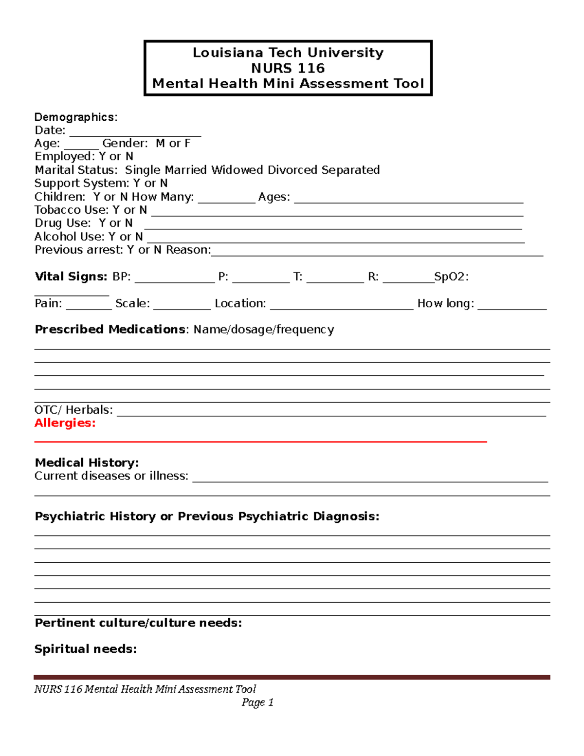 Mental Health Mini Assessment Tool (6 - Louisiana Tech University NURS ...