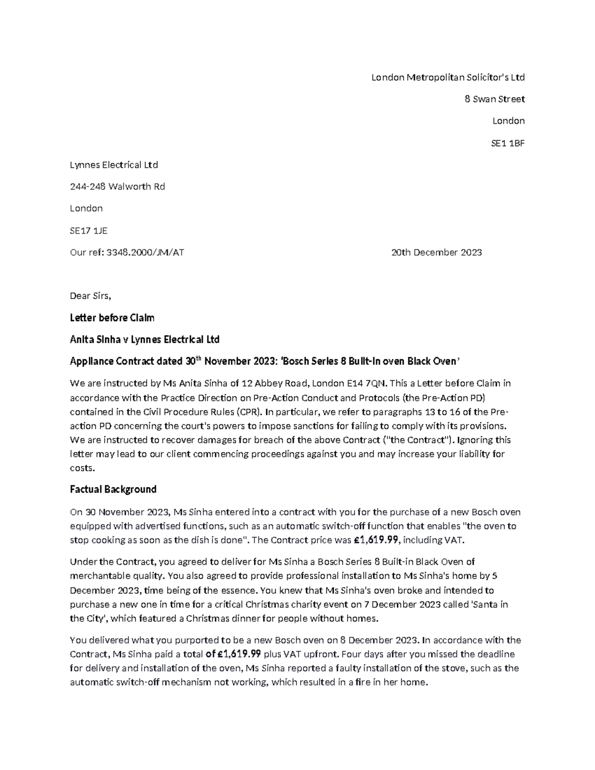 Letter of Claim D1 - ....... - London Metropolitan Solicitor's Ltd 8 ...