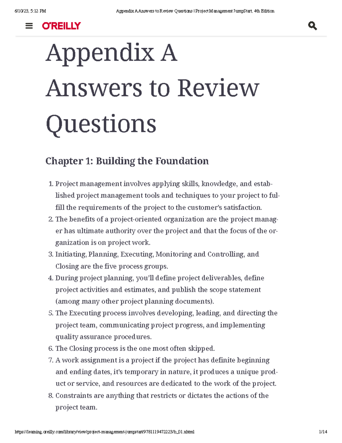 Appendix A Answers to Review Questions Project Management Jump Start, 4th Edition - Appendix A ...