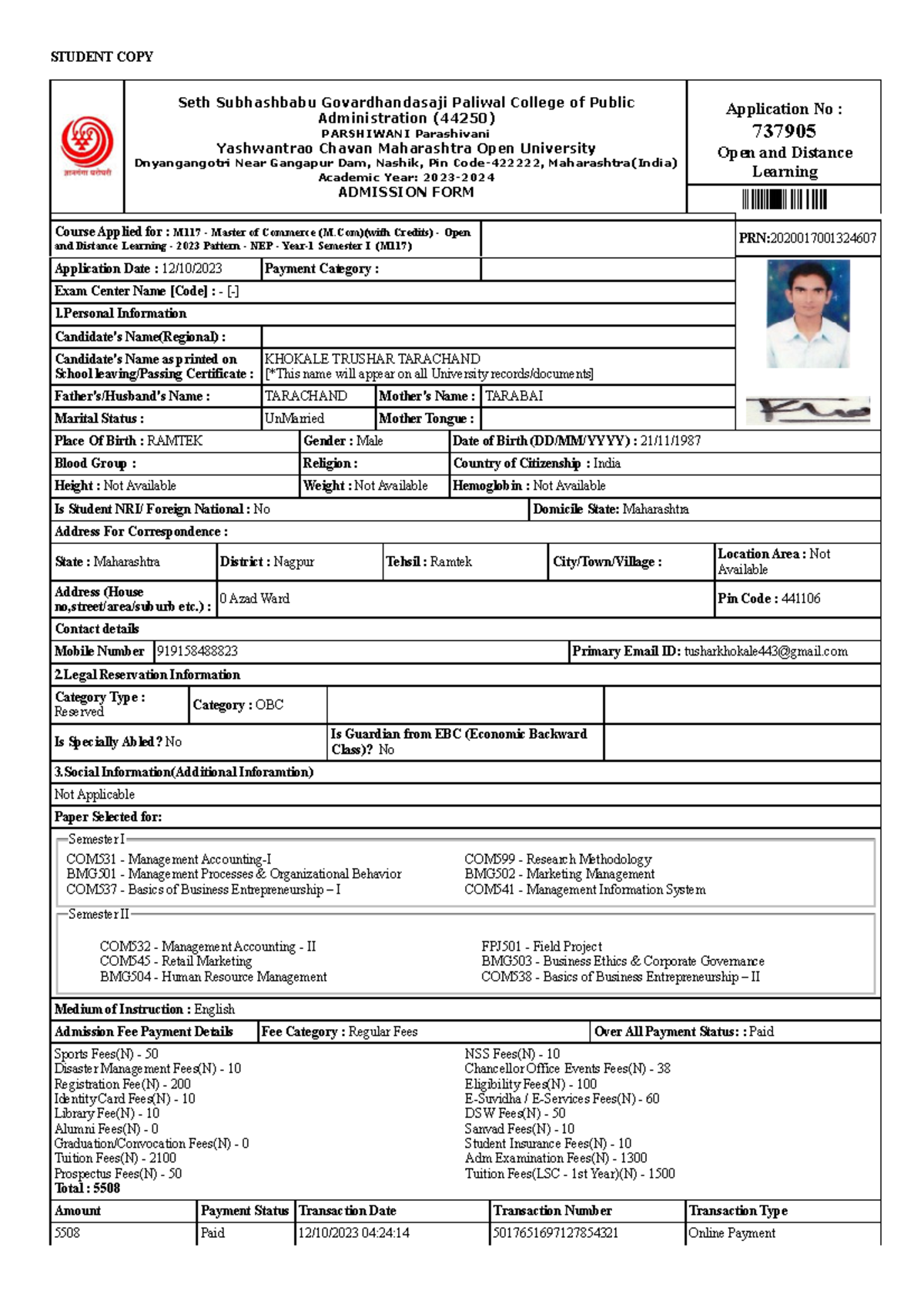 First Year Admission Form - COM531 - Management Accounting-I COM599 ...
