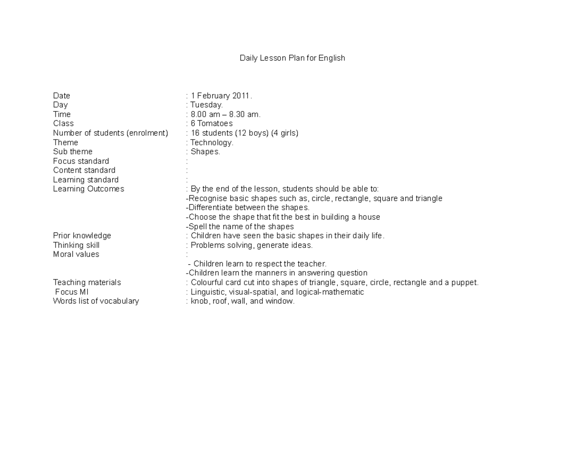 Daily Lesson Plan For English Part 1 Daily Lesson Plan For English