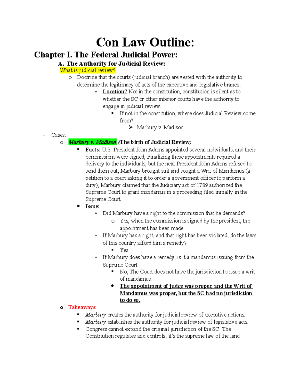 Con Law OL Main - Con Law Outline: Chapter I. The Federal Judicial ...