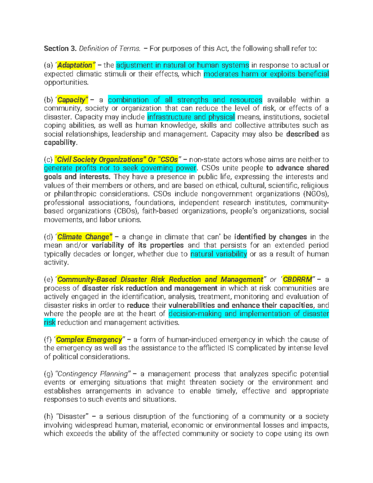 Reference DRRM - Nots - Section 3. Definition of Terms. – For purposes of this Act, the ...