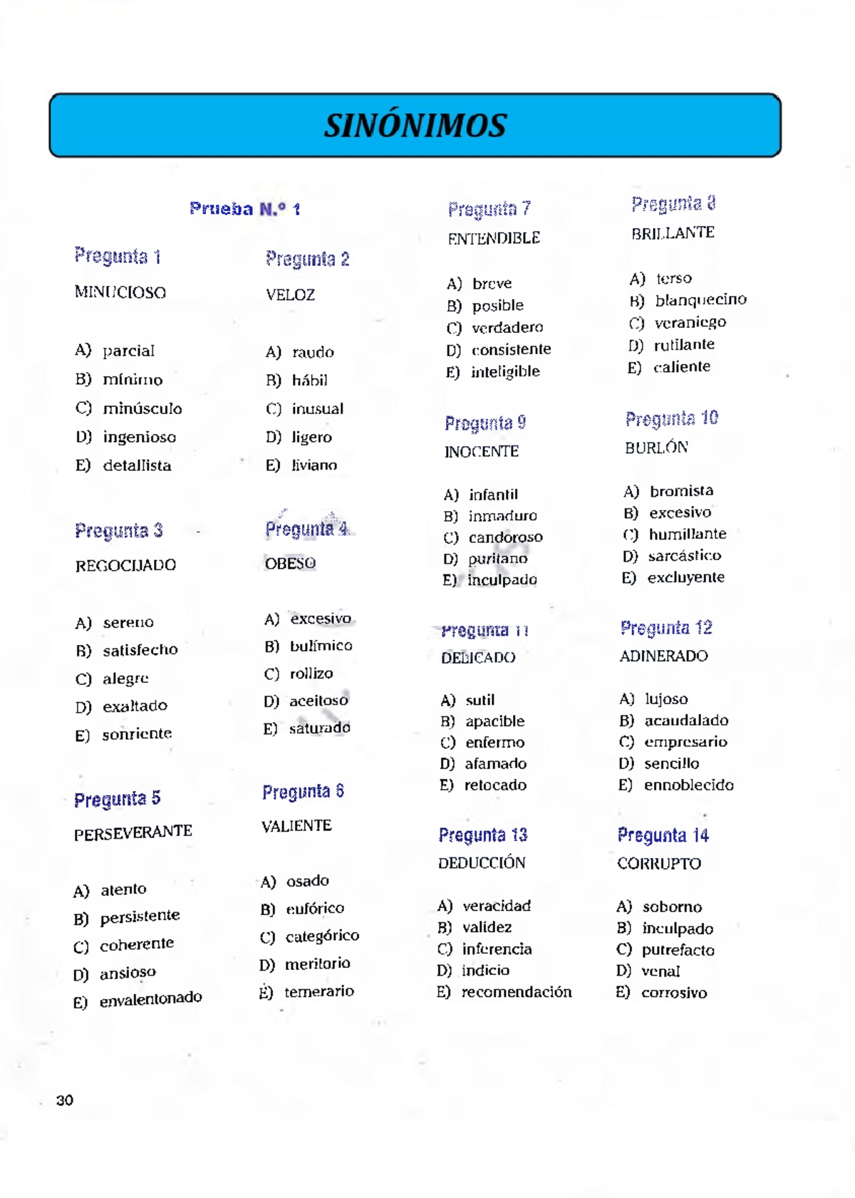 4TO-5TO-SEC- Sinónimos - Pr u e ba 1 Pregunta 1 . Pregunta 2 M IN UCIO ...