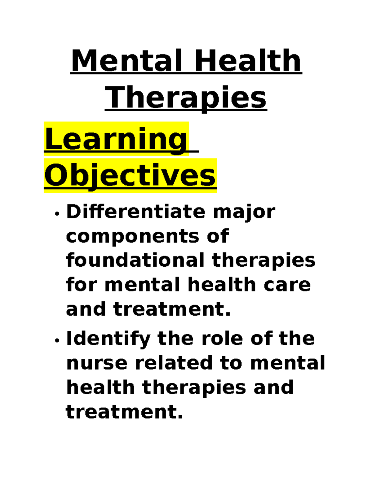 Mental Health Therapies Outline - Mental Health Therapies Learning ...