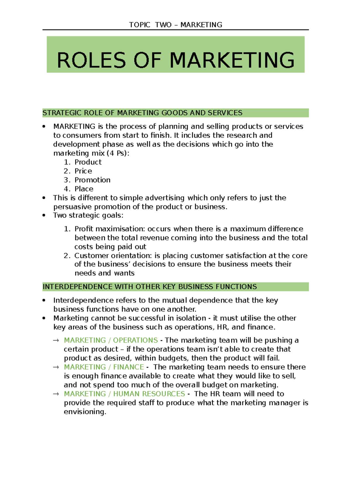 Marketing notes - Business - STRATEGIC ROLE OF MARKETING GOODS AND ...