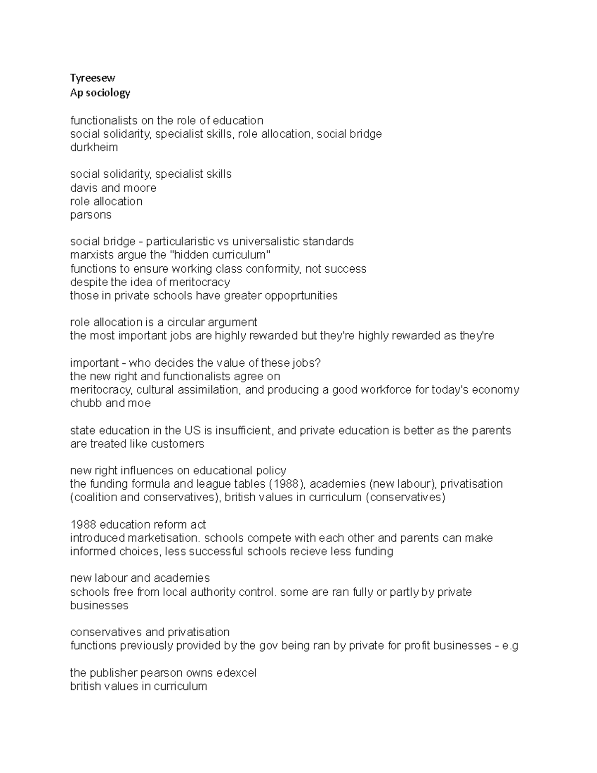 20 ap sociology - good notes - Tyreesew Ap sociology functionalists on ...