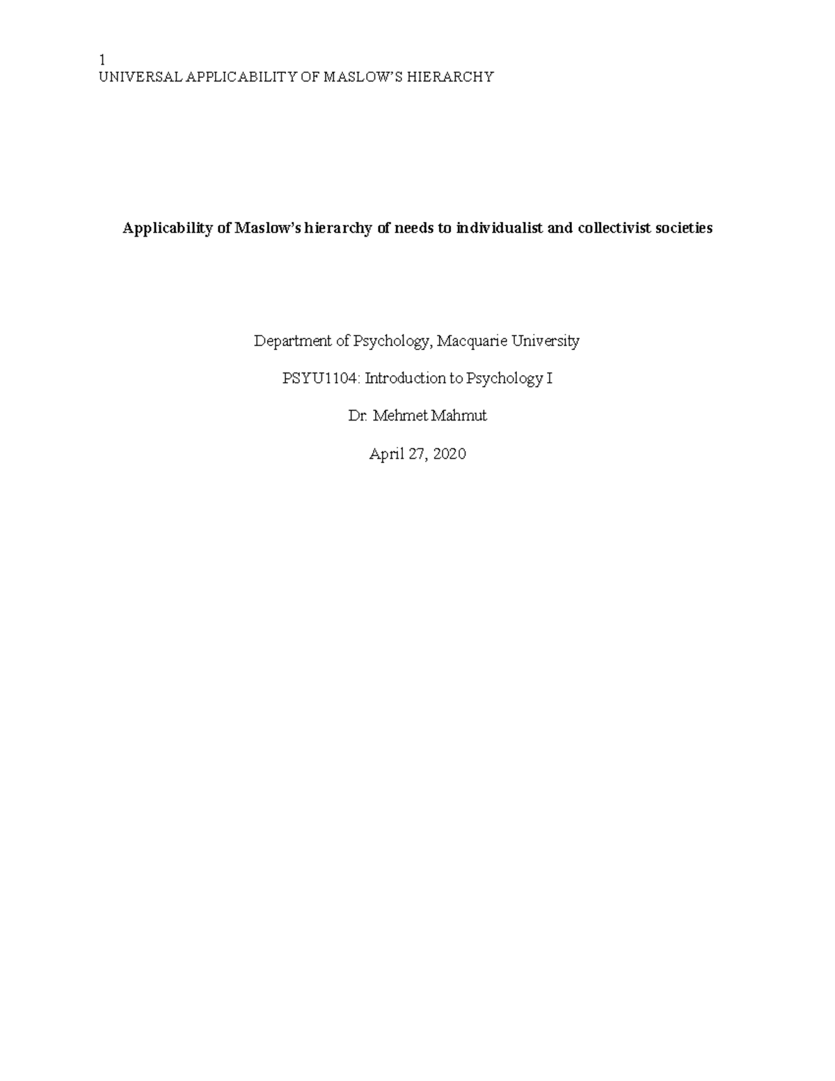 Essay - HD Assignment - Applicability of Maslow’s hierarchy of needs to ...