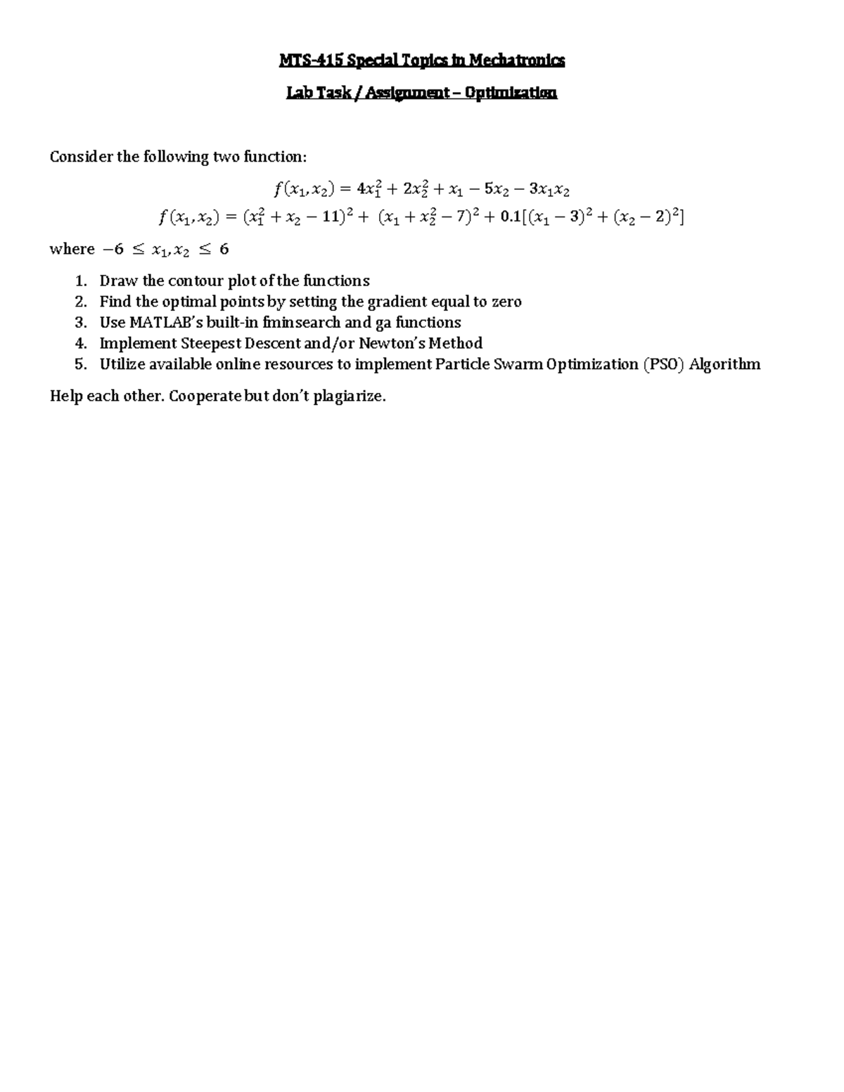 Assignment Task Optimization Mts 415 Special Topics In Mechatronics Lab Task Assignment