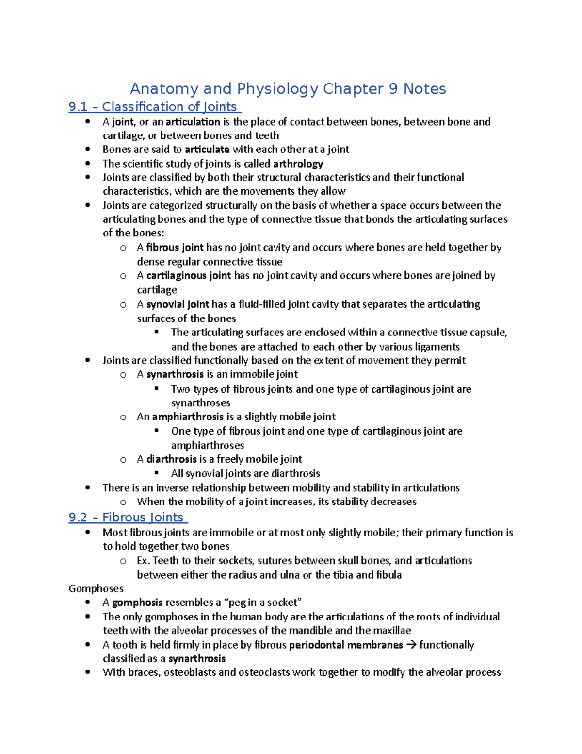 Anatomy Ch.9 Notes - Anatomy and Physiology Chapter 9 Notes 9 ...