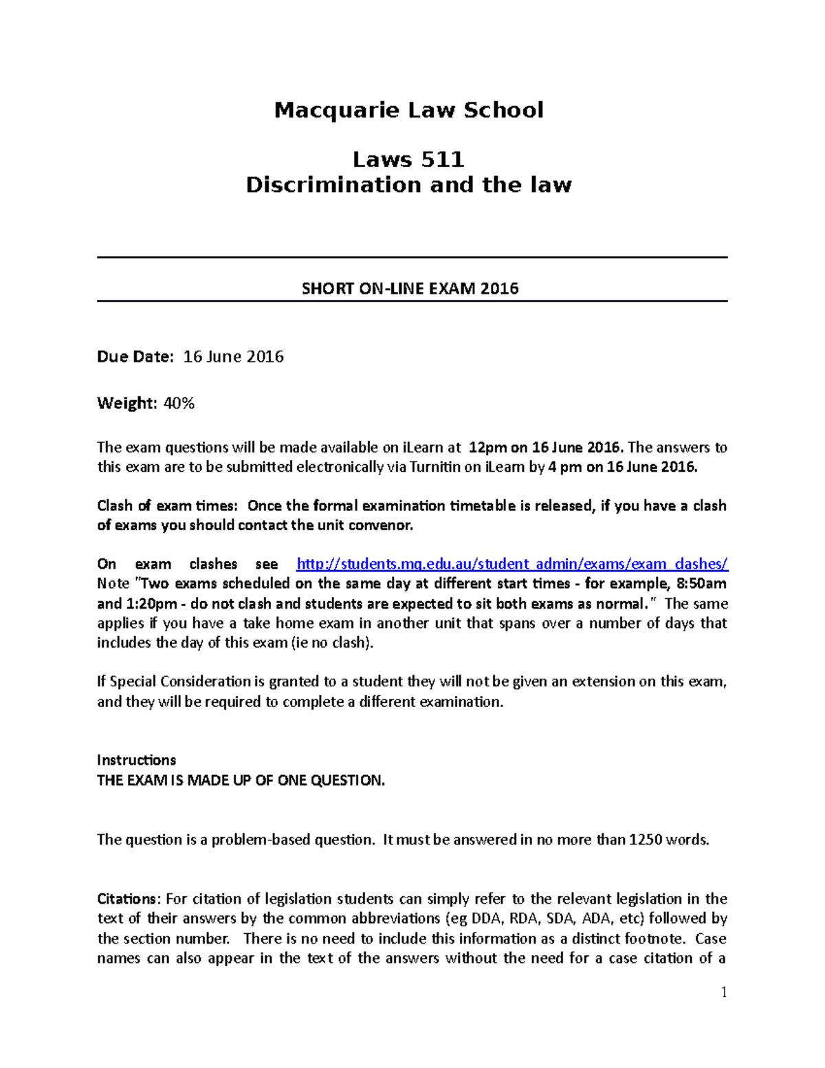 Sample exam -Final exam 2016-1 - Macquarie Law School Laws 511 ...