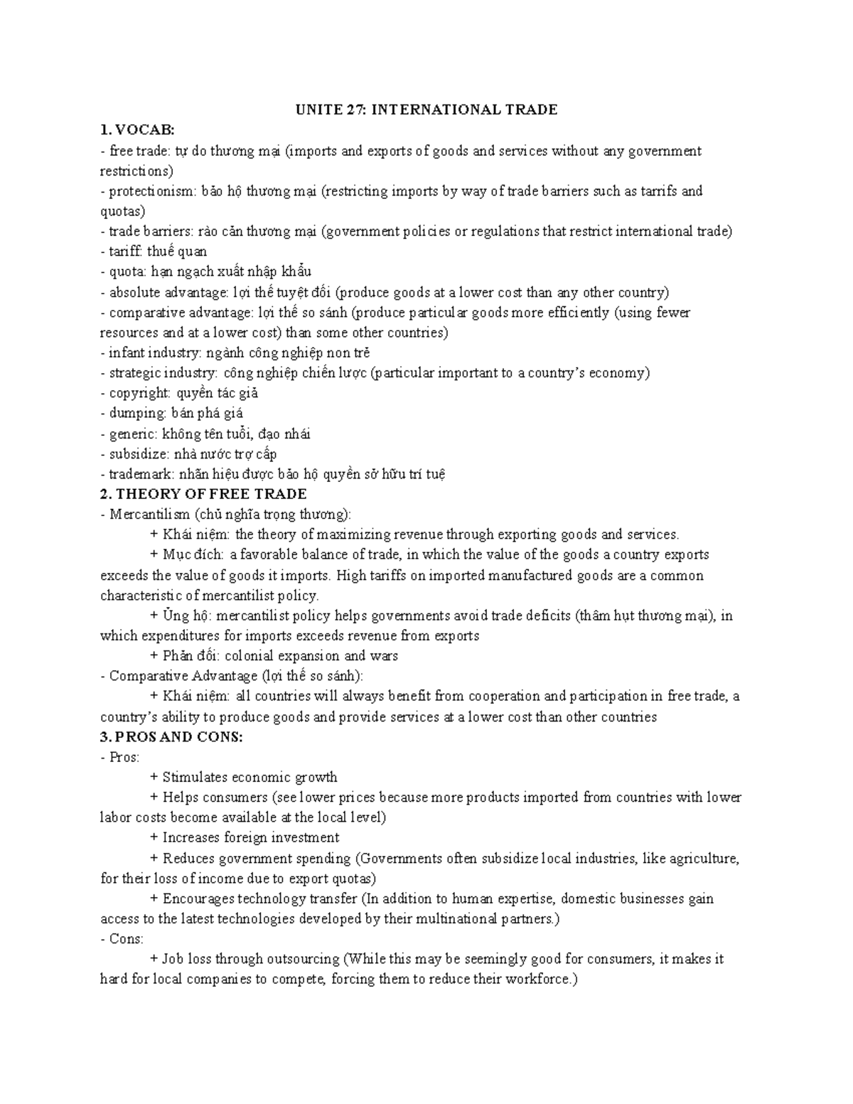 Vocab + Khái niệm - UNITE 27: INTERNATIONAL TRADE 1. VOCAB: free trade ...