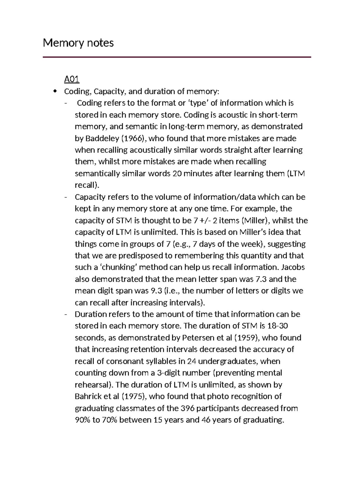 Memory notes - Memory notes A Coding, Capacity, and duration of memory ...