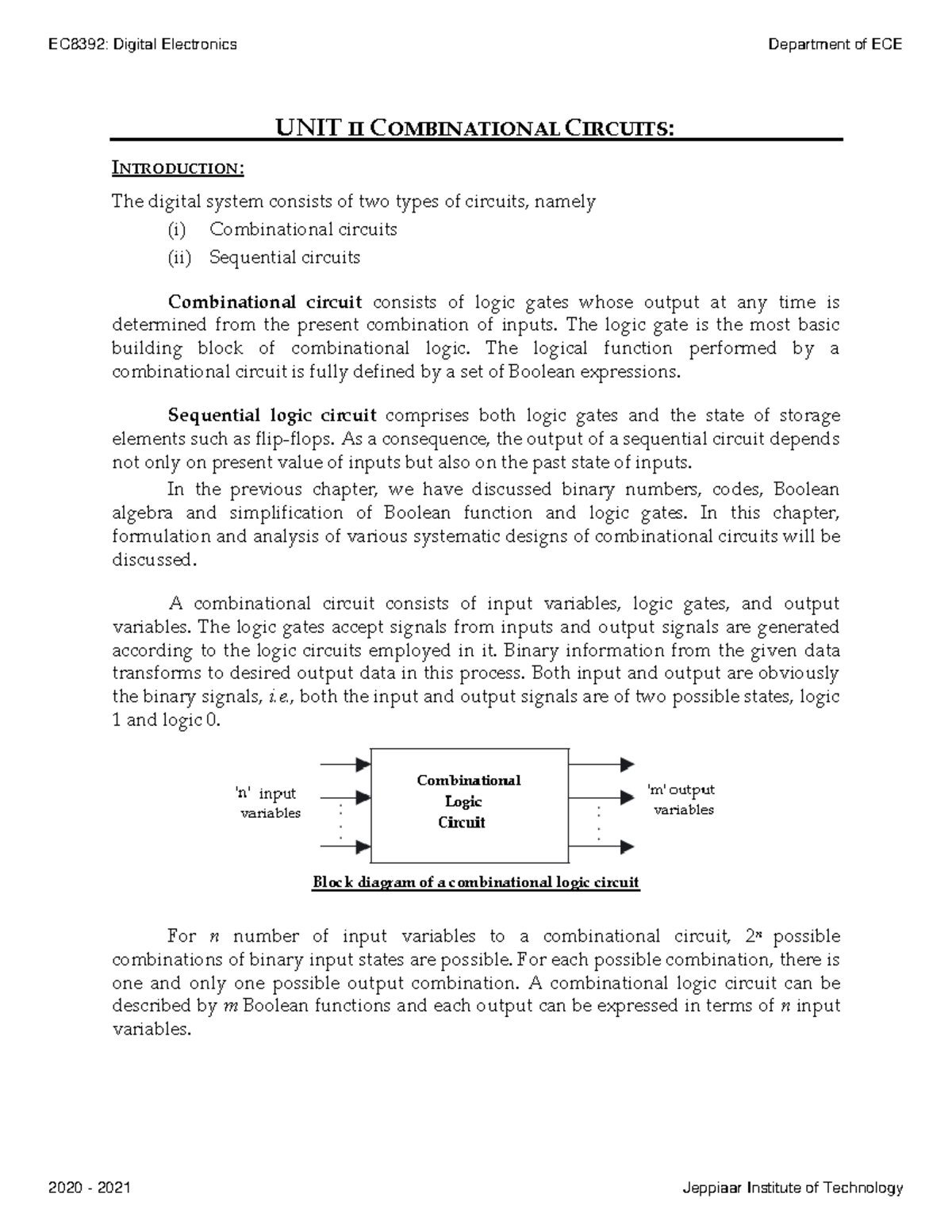 Digital Electronics UNIT 2 - EC8392 – Combinational Circuits UNIT II COMBINATIONAL CIRCUITS ...
