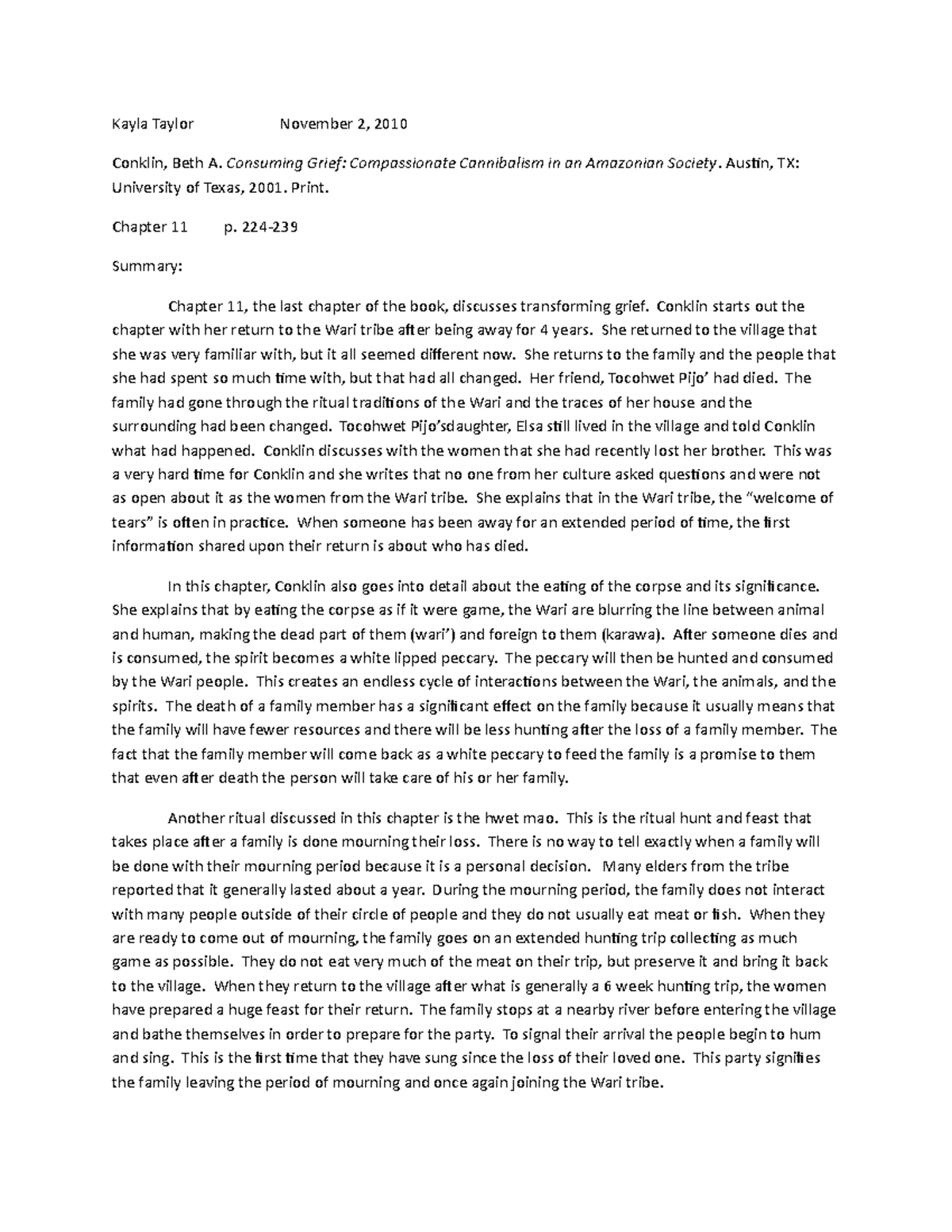 Consuming Grief Ch11 - Lecture notes 9 - Kayla Taylor November 2, 2010 ...