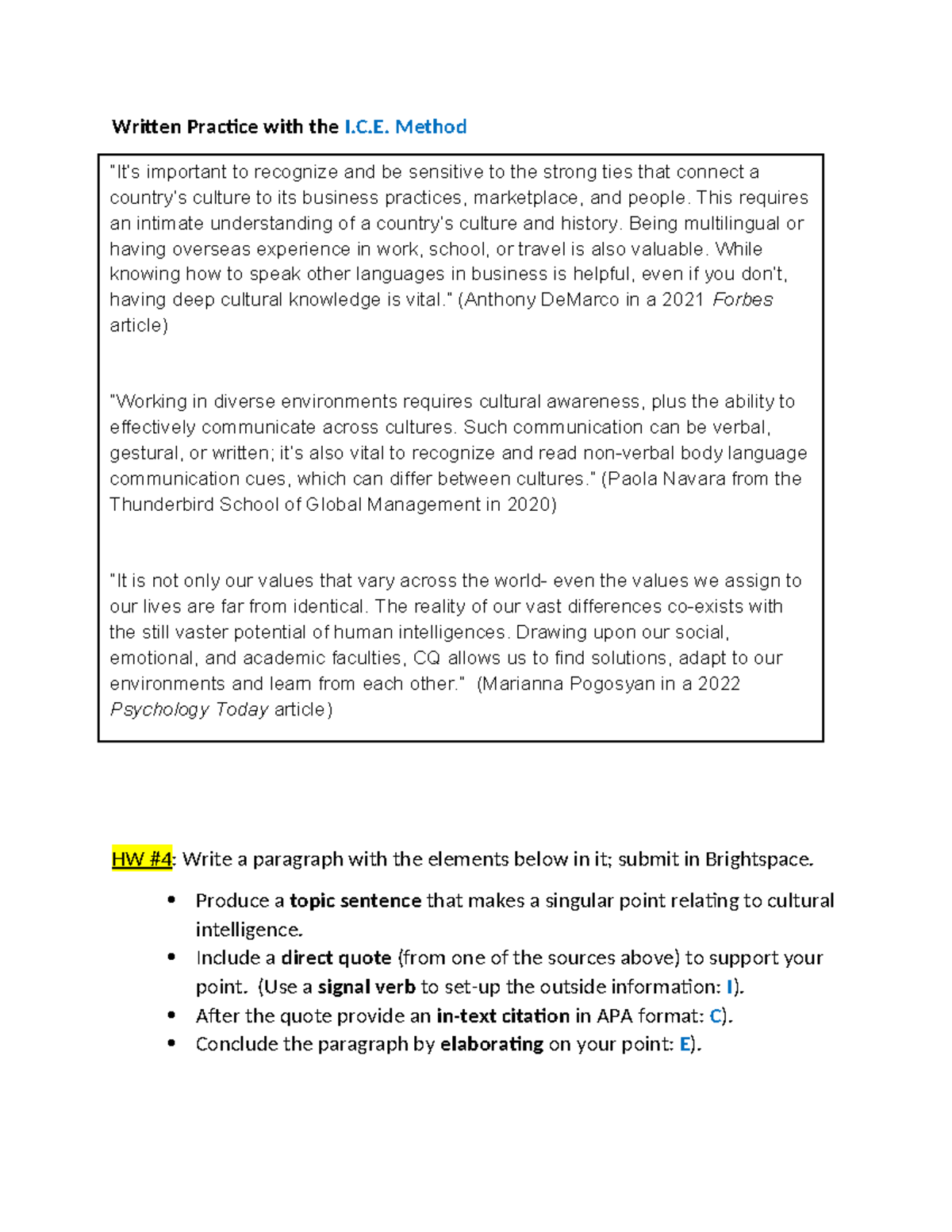 ICE Practice (HW) - Written Practice with the I.C. Method HW #4: Write ...