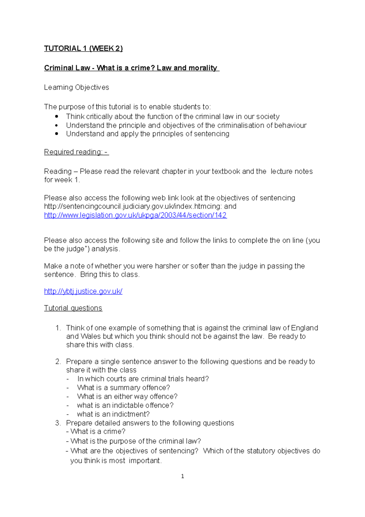 Criminal Law Tutorial 1-1 - TUTORIAL 1 (WEEK 2) Criminal Law - What is ...