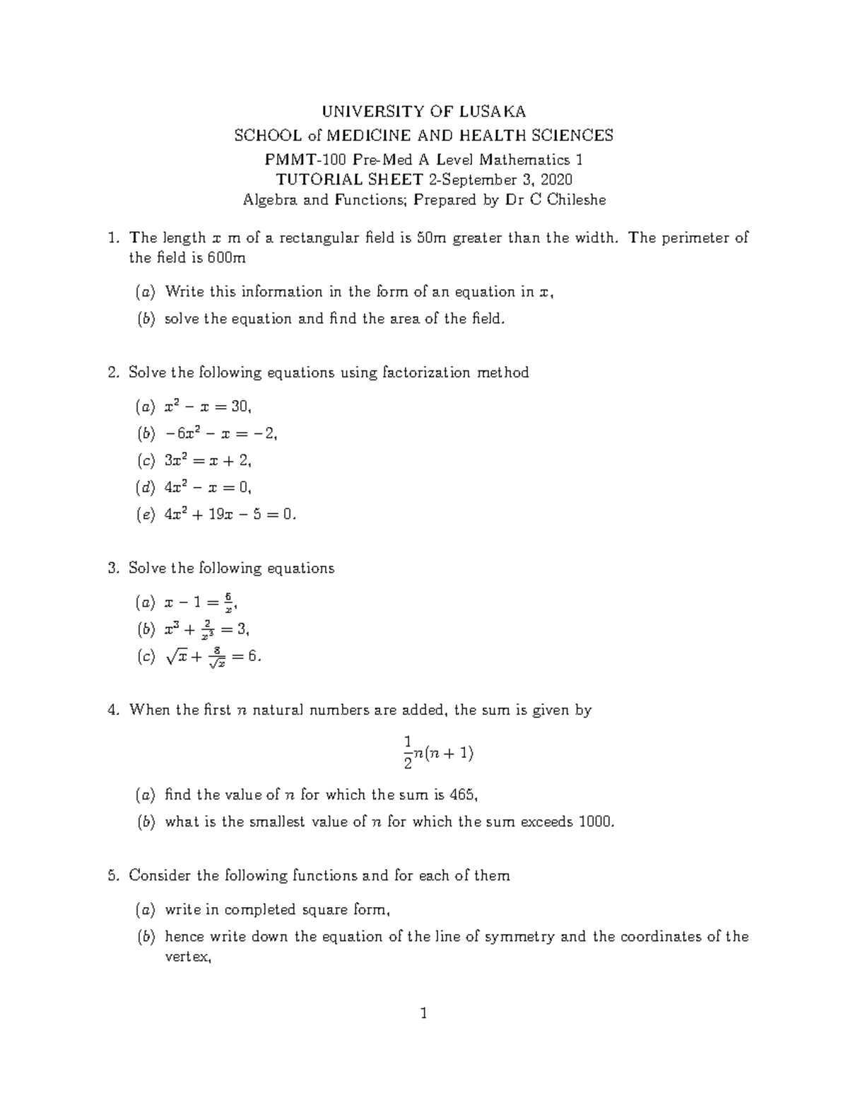 PMMT100 Tutorial Sheet 2-2020 - UNIVERSITY OF LUSAKA SCHOOL of MEDICINE ...