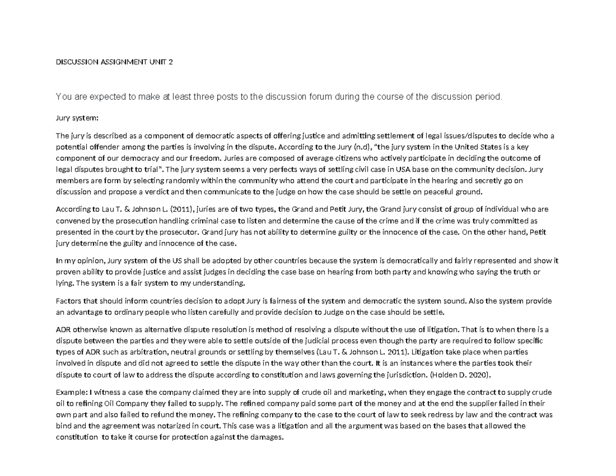 Discussion Assignment UNIT 2 - DISCUSSION ASSIGNMENT UNIT 2 You are expected to make at least ...