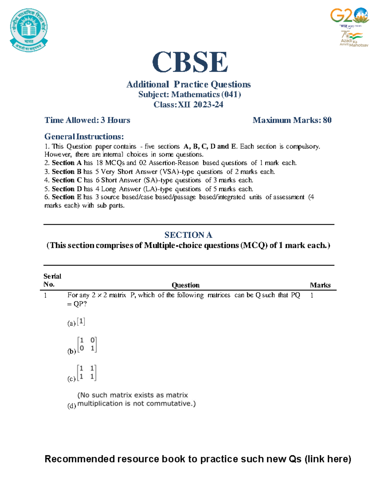 Class 12 Mathematics Sample Paper 2023-24 - CBSE Additional Practice ...
