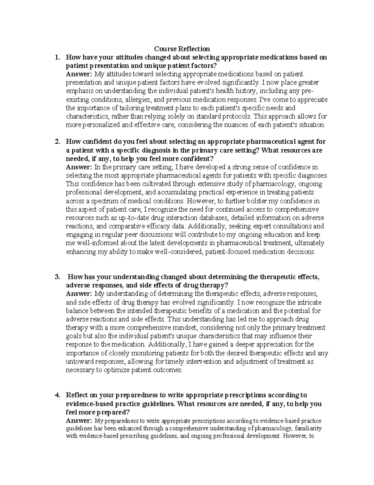 Pharmacology Course Reflection - Course Reflection 1. How have your ...