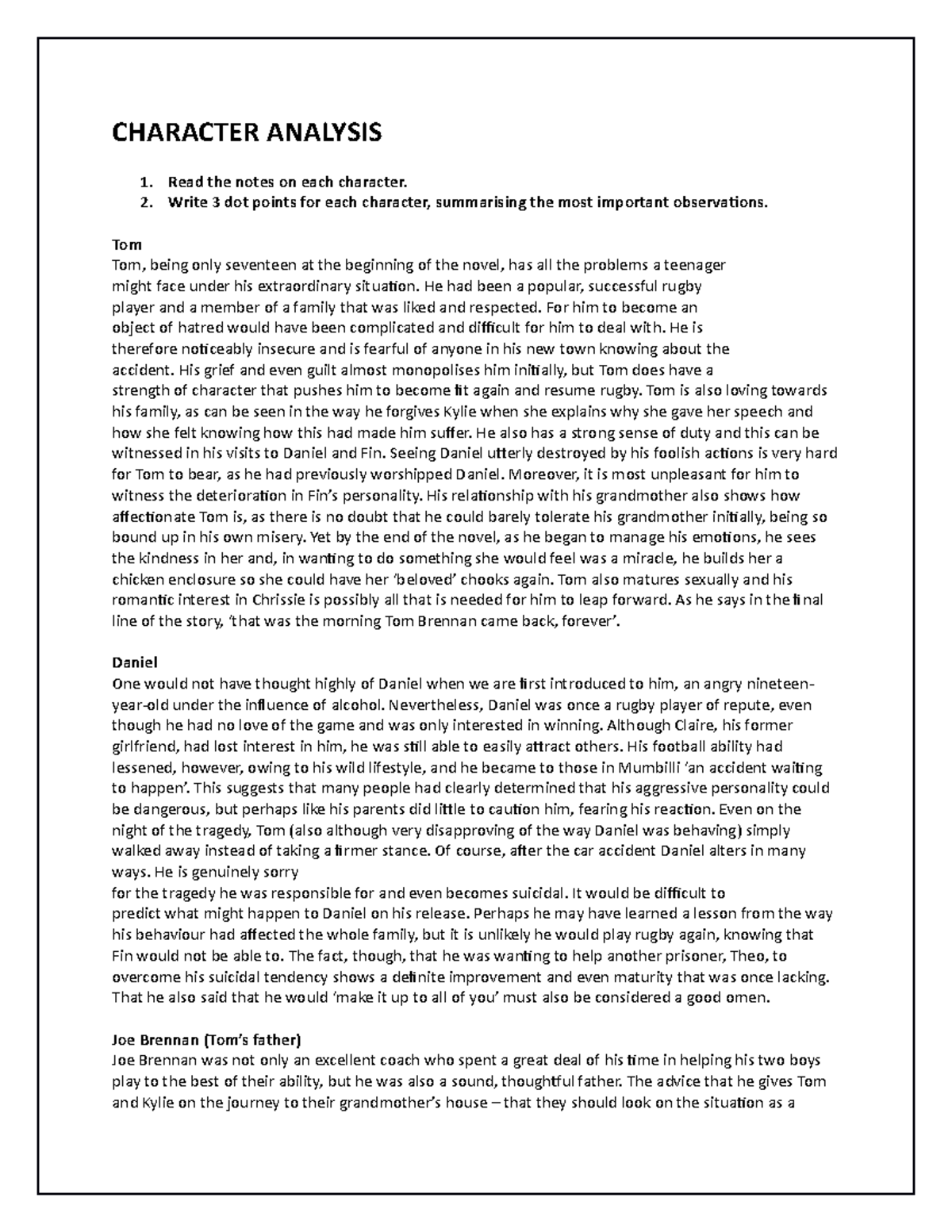 Notes on Characters - CHARACTER ANALYSIS Read the notes on each ...