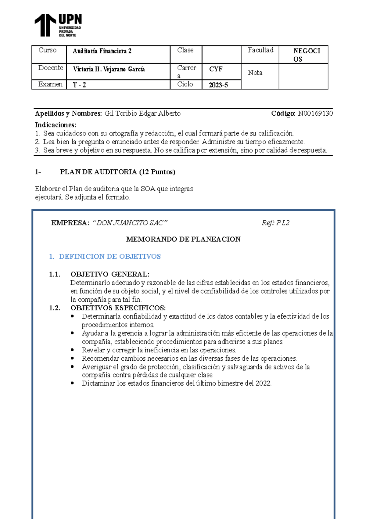 Auditoria F 2 - Evaluacion T2 -2023 - Edgar GIL Toribio - Curso ...