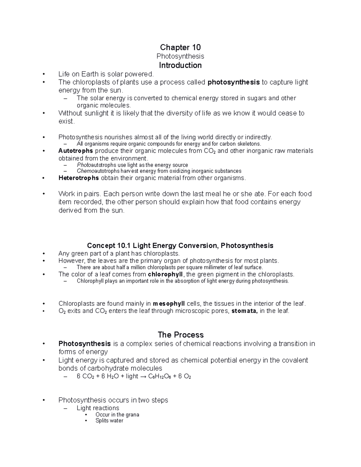Biology I Chapter 10 - Chapter 10 Photosynthesis Introduction • Life on ...