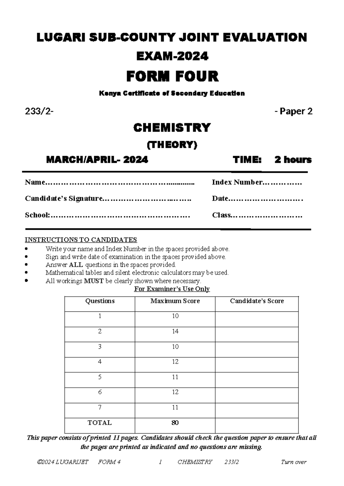CHEM Lugari 2024 P2 - Take Home Assignment - LUGARI SUB-COUNTY JOINT EVALUATION EXAM- FORM FOUR ...