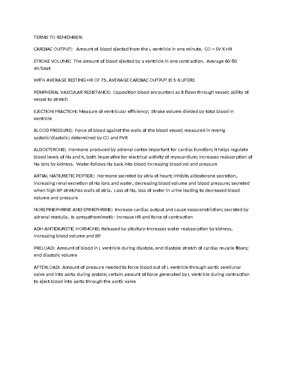 Cardiac Terms TO Remember - TERMS TO REMEMBER: CARDIAC OUTPUT: Amount ...