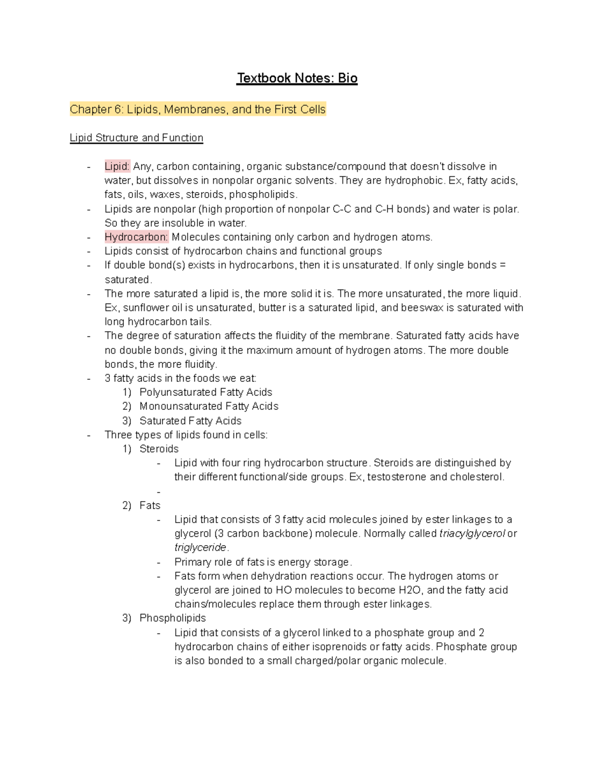 Notes Bio - Textbook Notes: Bio Chapter 6: Lipids, Membranes, and the ...