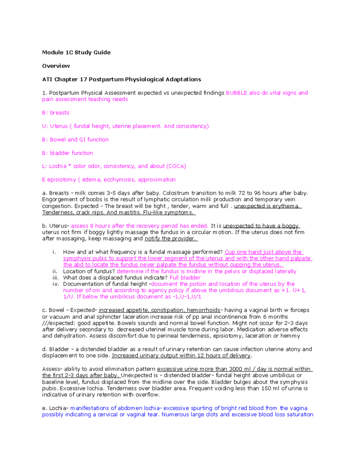 Peri c study guide - Module 1C Study Guide Overview ATI Chapter 17 ...