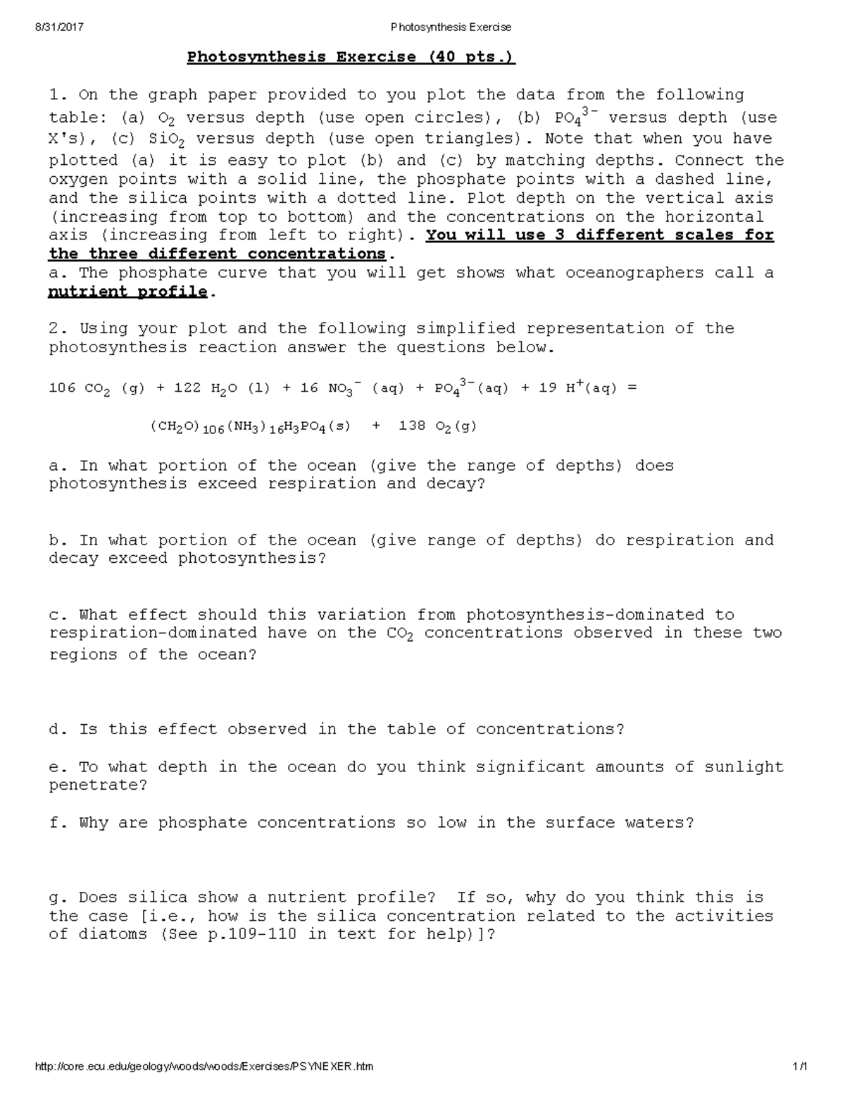 Photosynthesis Exercise - ) 1. On the graph paper provided to you plot ...