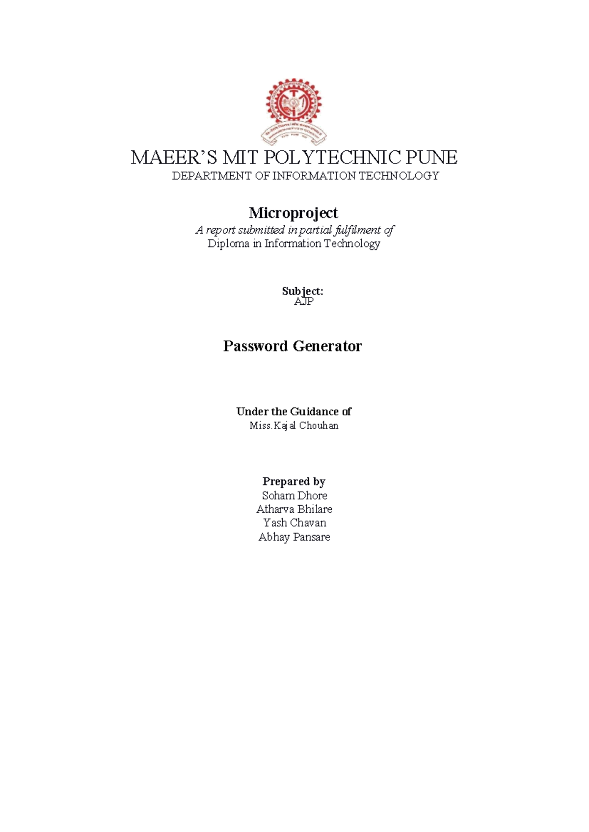 Microproject Report - MAEER’S MIT POLYTECHNIC PUNE DEPARTMENT OF INFORMATION TECHNOLOGY ...