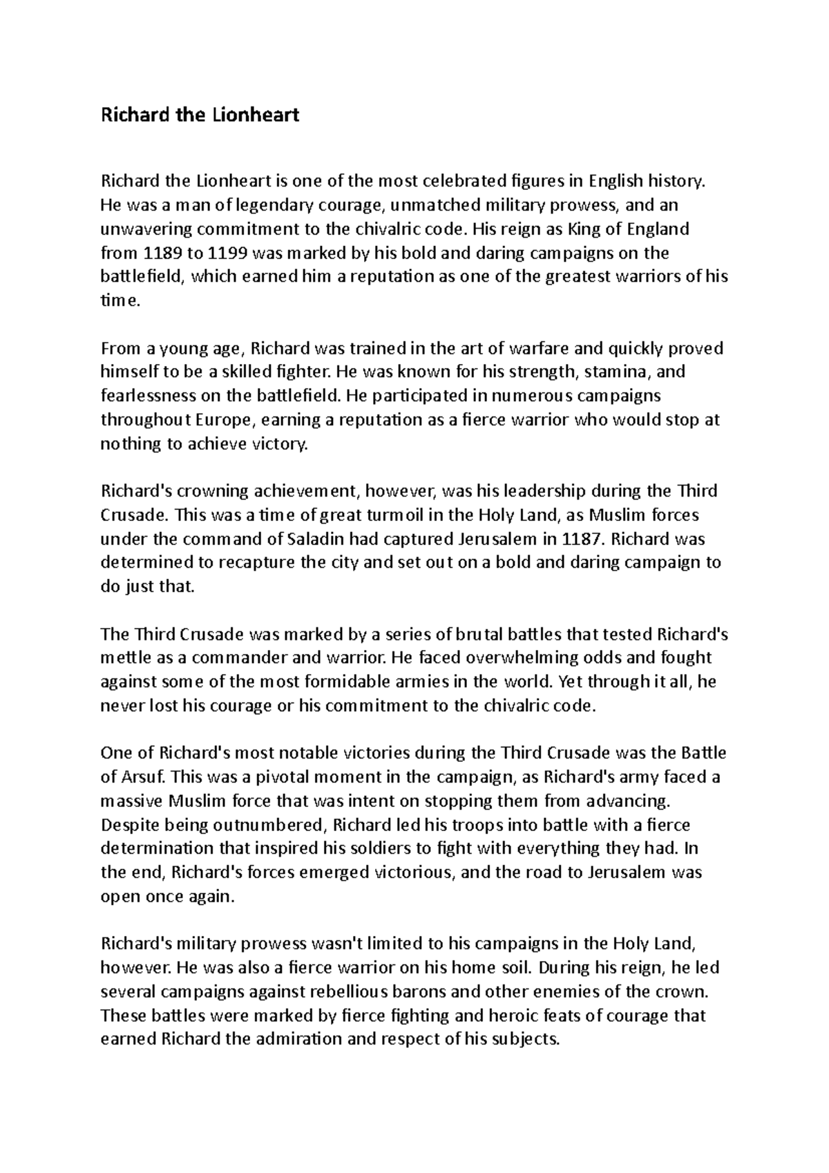 Richard the Lionheart - Richard the Lionheart Richard the Lionheart is ...