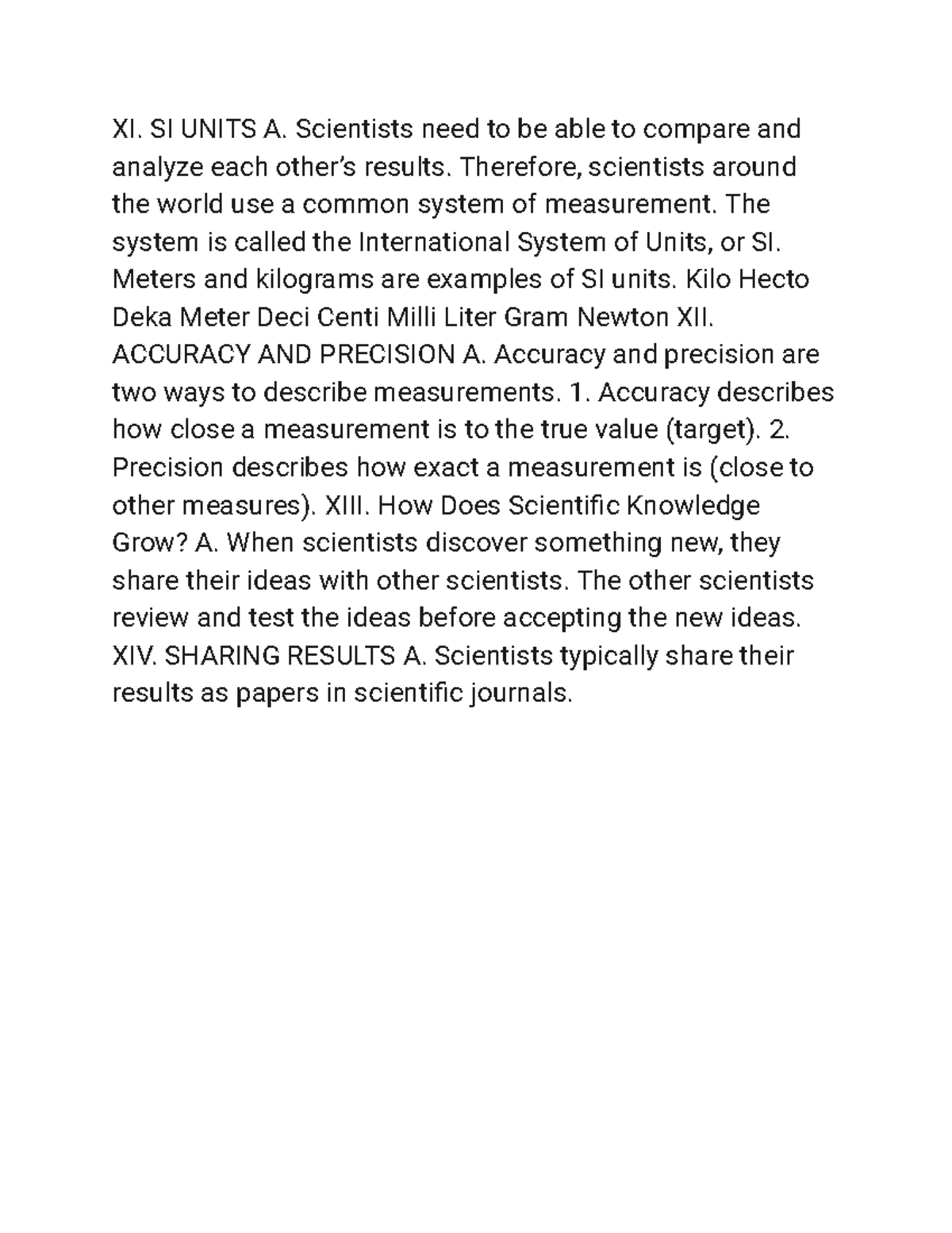 Untitled document (57) - XI. SI UNITS A. Scientists need to be able to ...