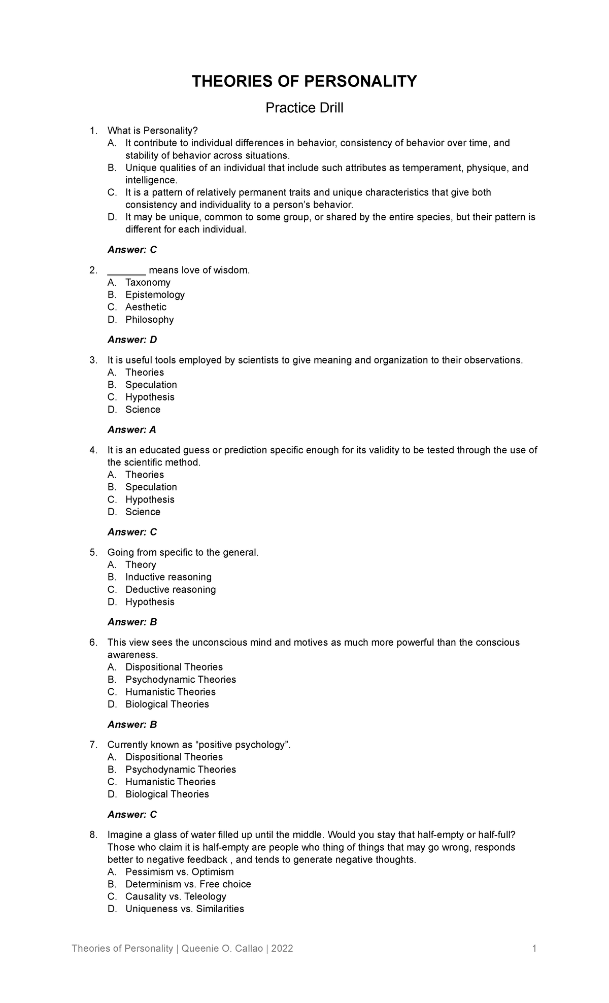 Practice test - Theories of Personality - THEORIES OF PERSONALITY ...