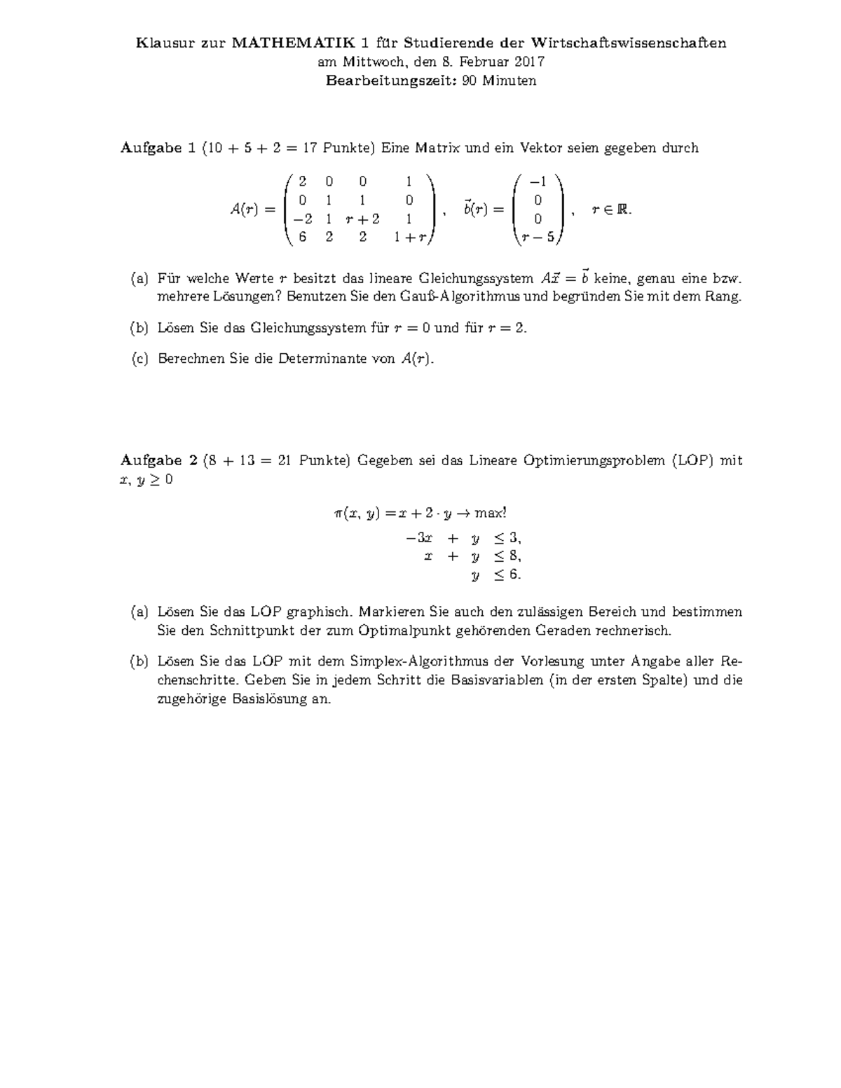 Mathematik 1 Teil 1 - Klausur zur MATHEMATIK 1 f ̈ur Studierende der ...