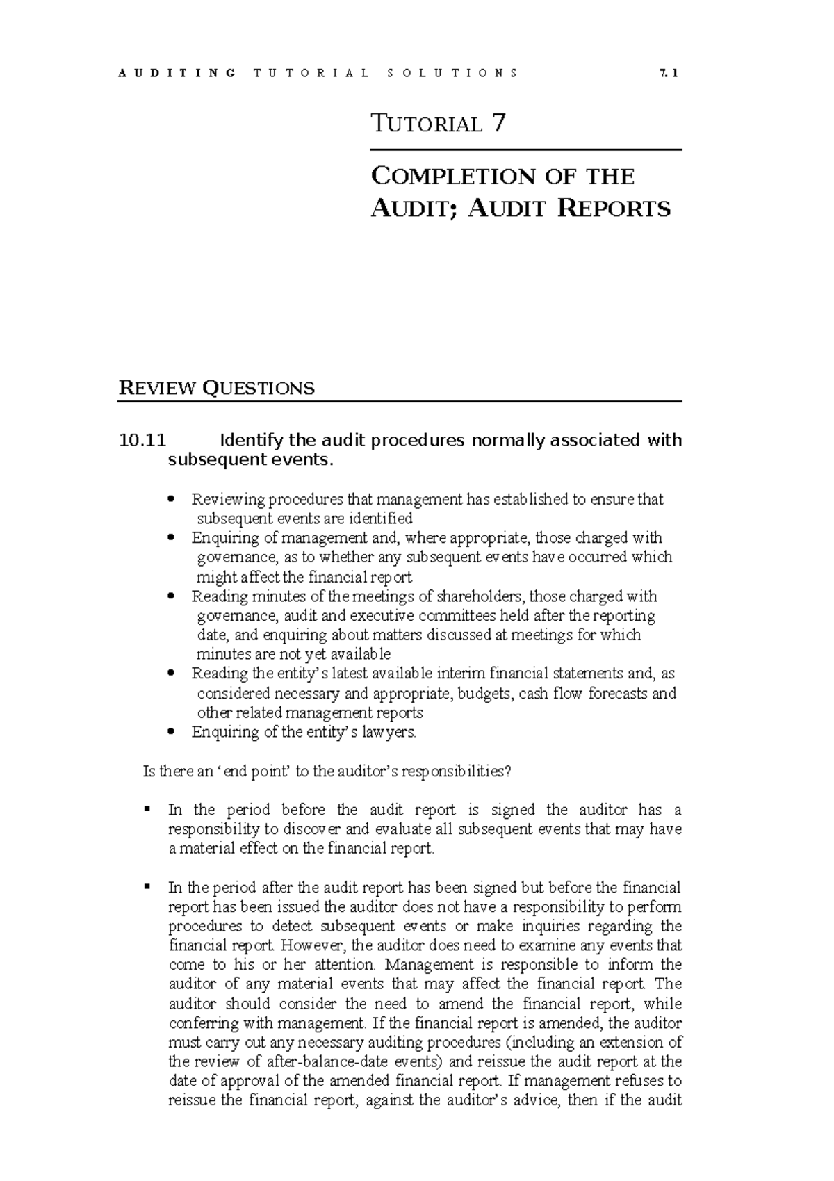 Sol Tut 7 updated - TUTORIAL 7 COMPLETION OF THE AUDIT; AUDIT REPORTS REVIEW QUESTIONS 10 ...