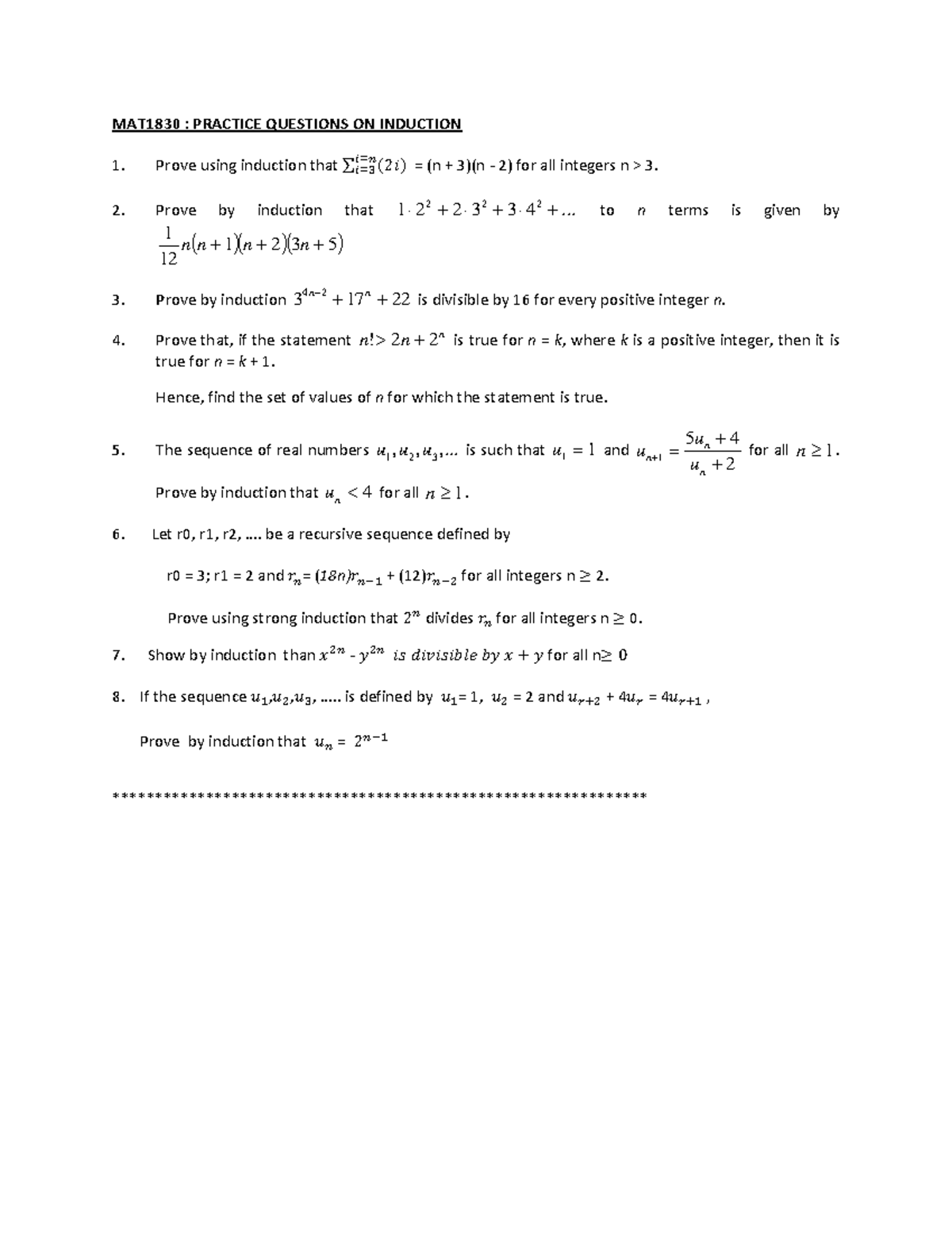MAT1830 FULL SET Induction Practice Questions - MAT1830 : PRACTICE ...