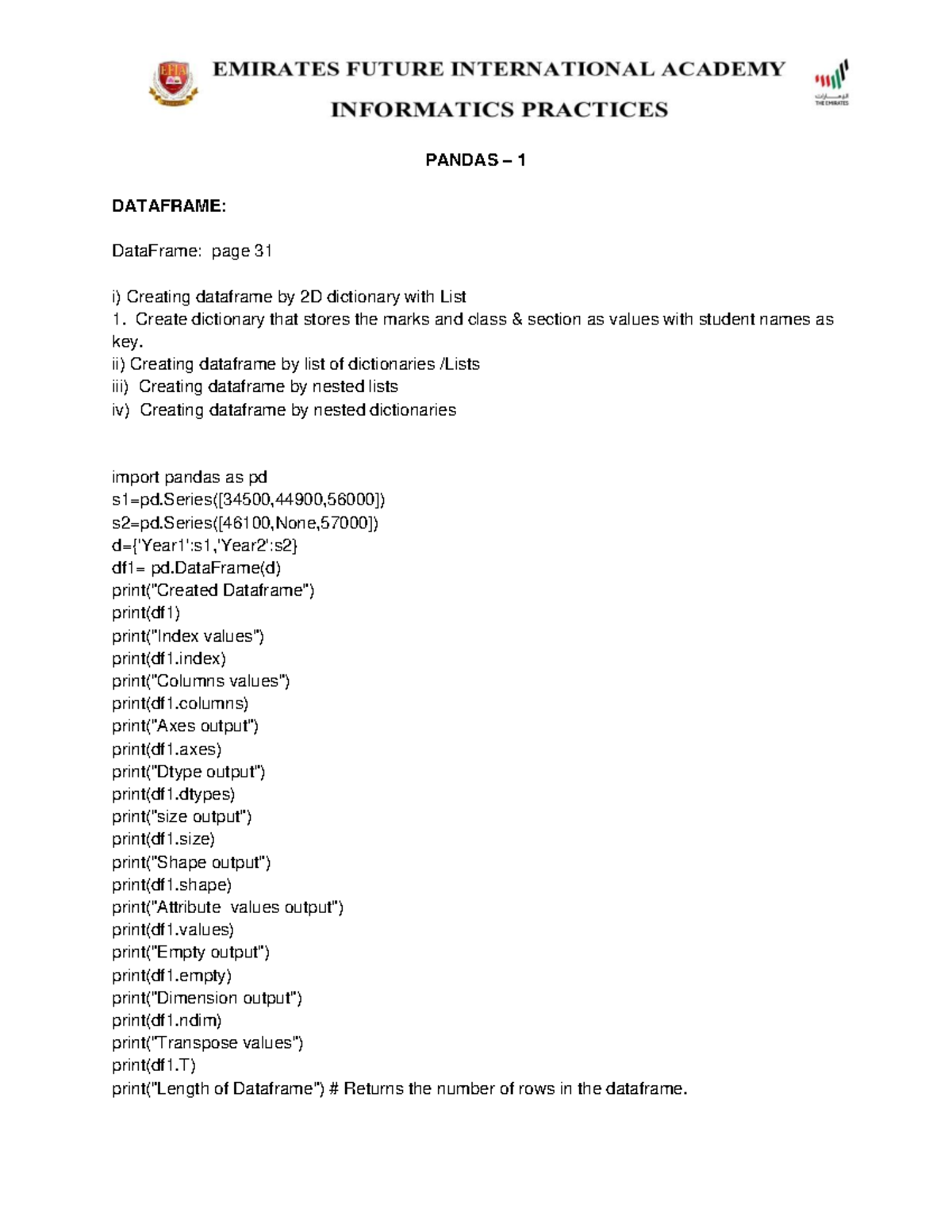 Pandas Dataframe Practice Questions 1 - PANDAS – 1 DATAFRAME: DataFrame: page 31 i) Creating ...