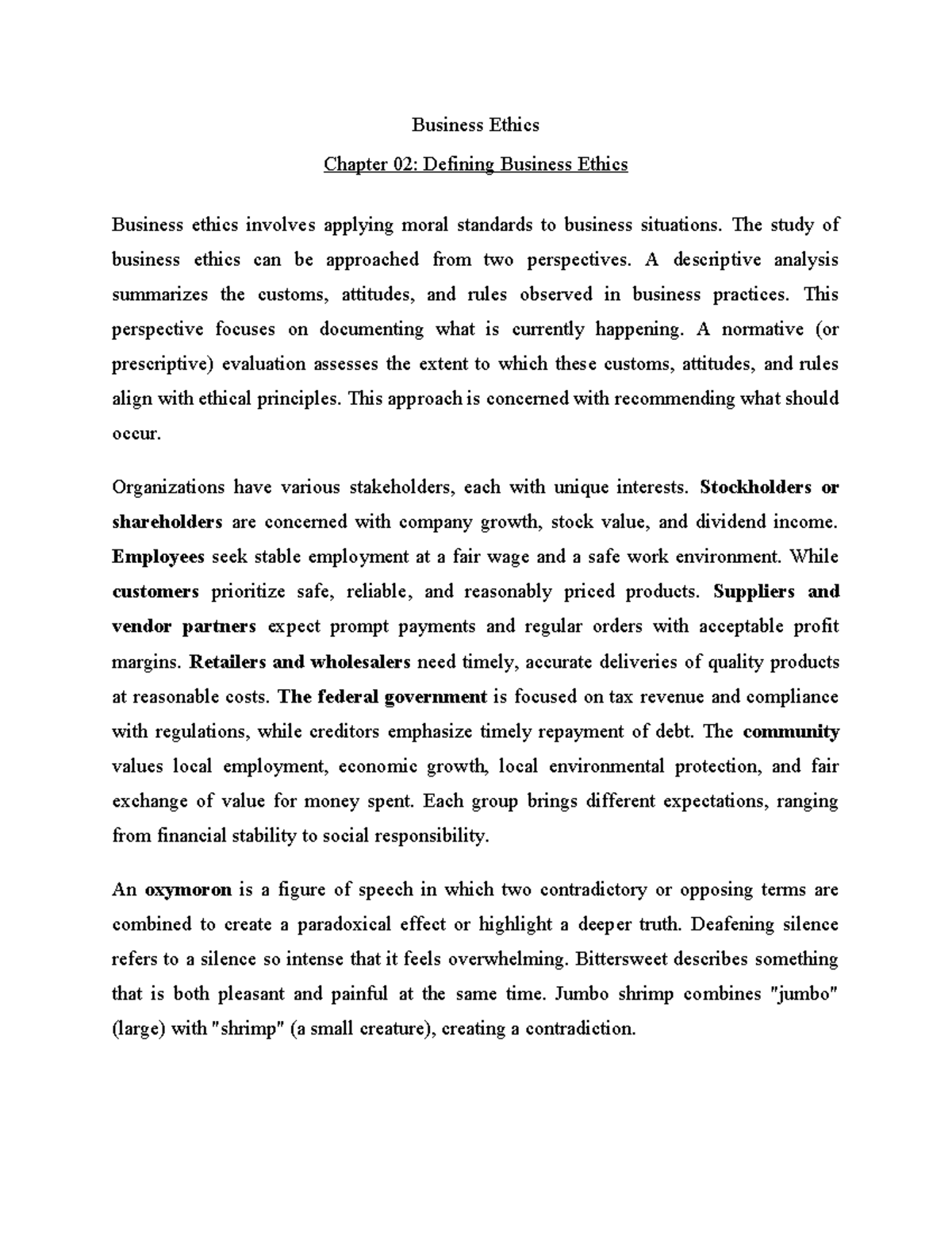 Chap 02 - Chapter 2 - Business Ethics Chapter 02: Defining Business ...