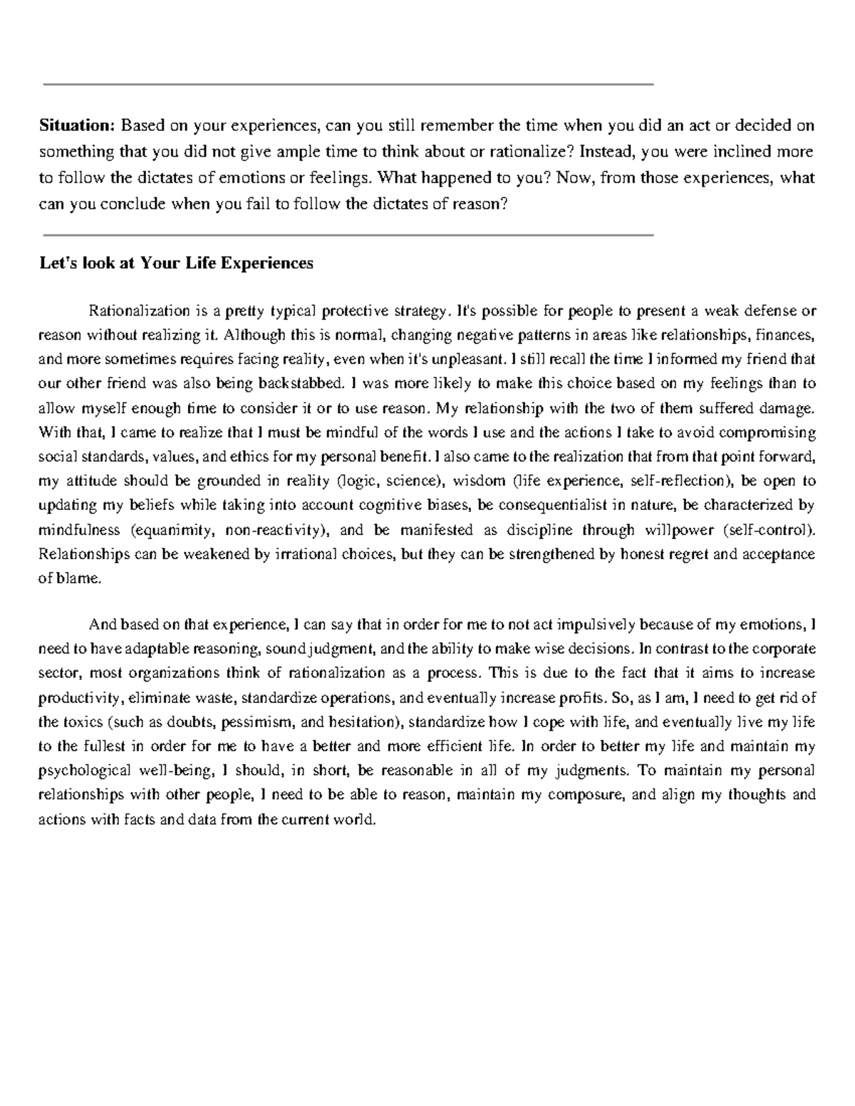 Let's Look at Your Life Experiences (Upload) - Situation: Based on your ...