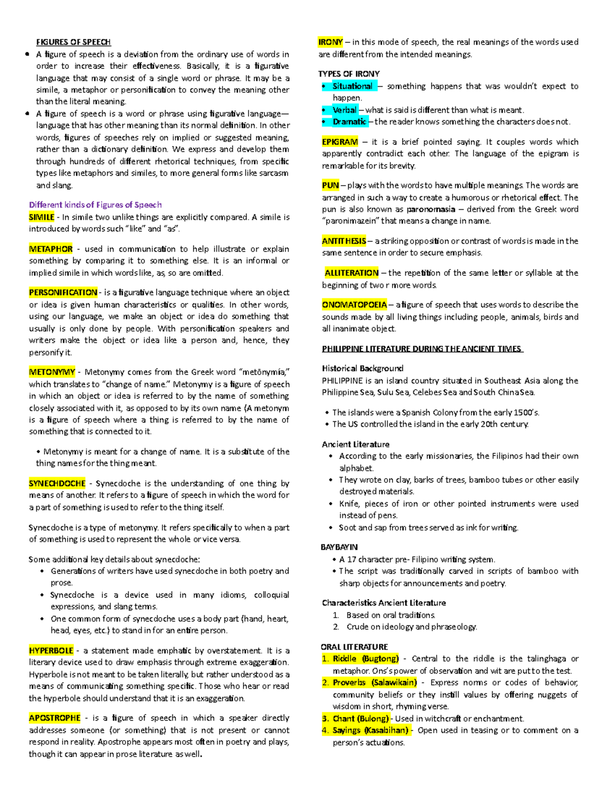 Reviewer in Fil Lit - ABOUT PHILIPPINE LITERATURE - FIGURES OF SPEECH A ...