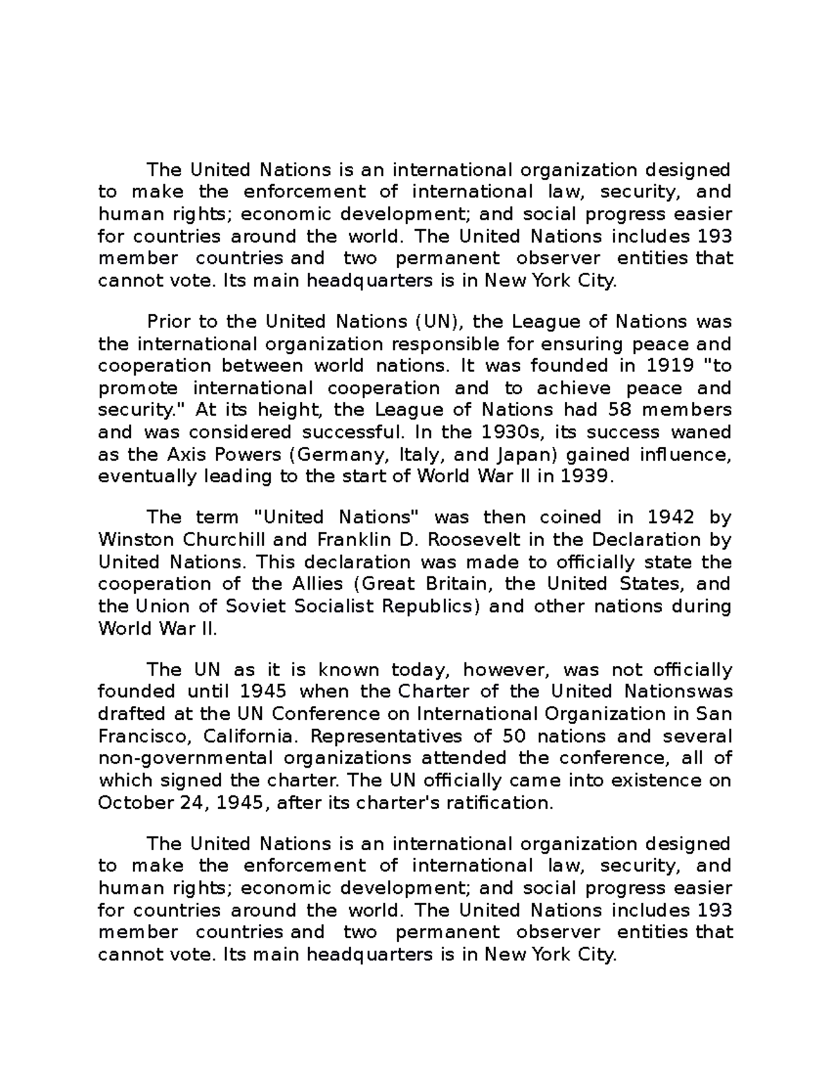 Intrel - The United Nations is an international organization designed ...