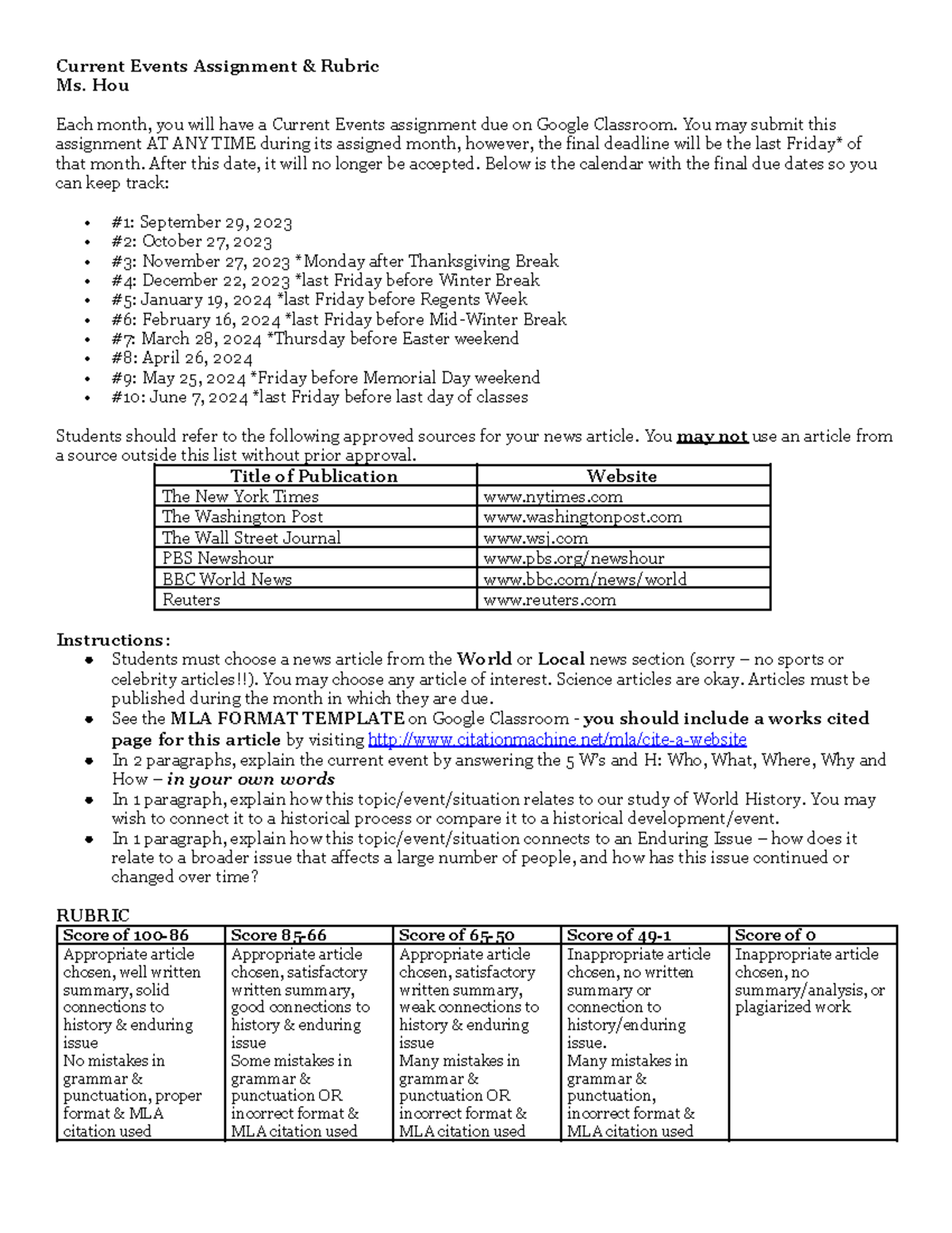 Current Events Assignment - Hou Each month, you will have a Current ...